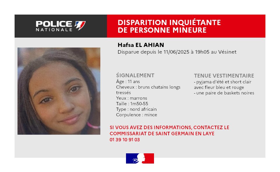 Le Vésinet : disparition inquiétante d’Hafsa El Ahian, 11 ans